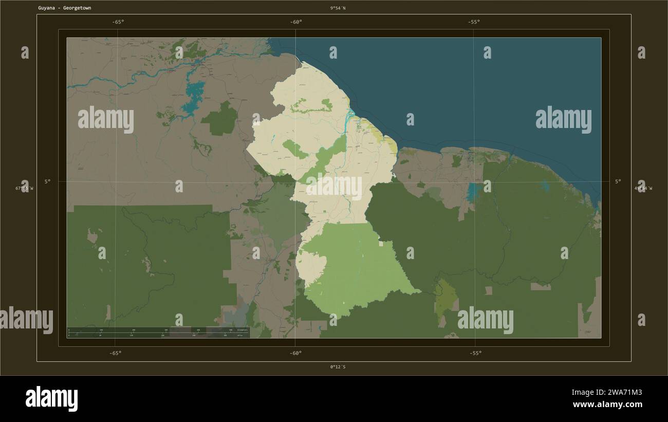 Guyana highlighted on a topographic, OSM Humanitarian style map map ...