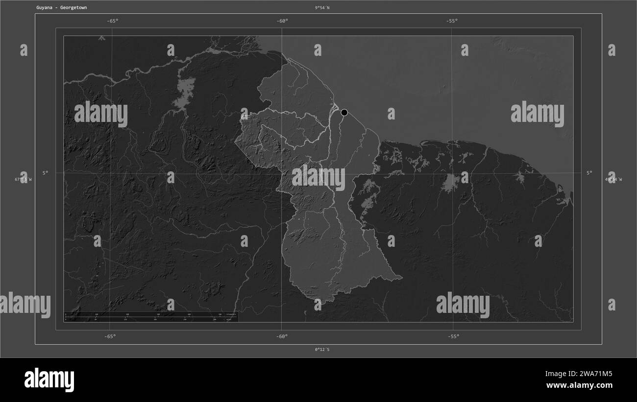 Guyana highlighted on a Bilevel elevation map with lakes and rivers map ...