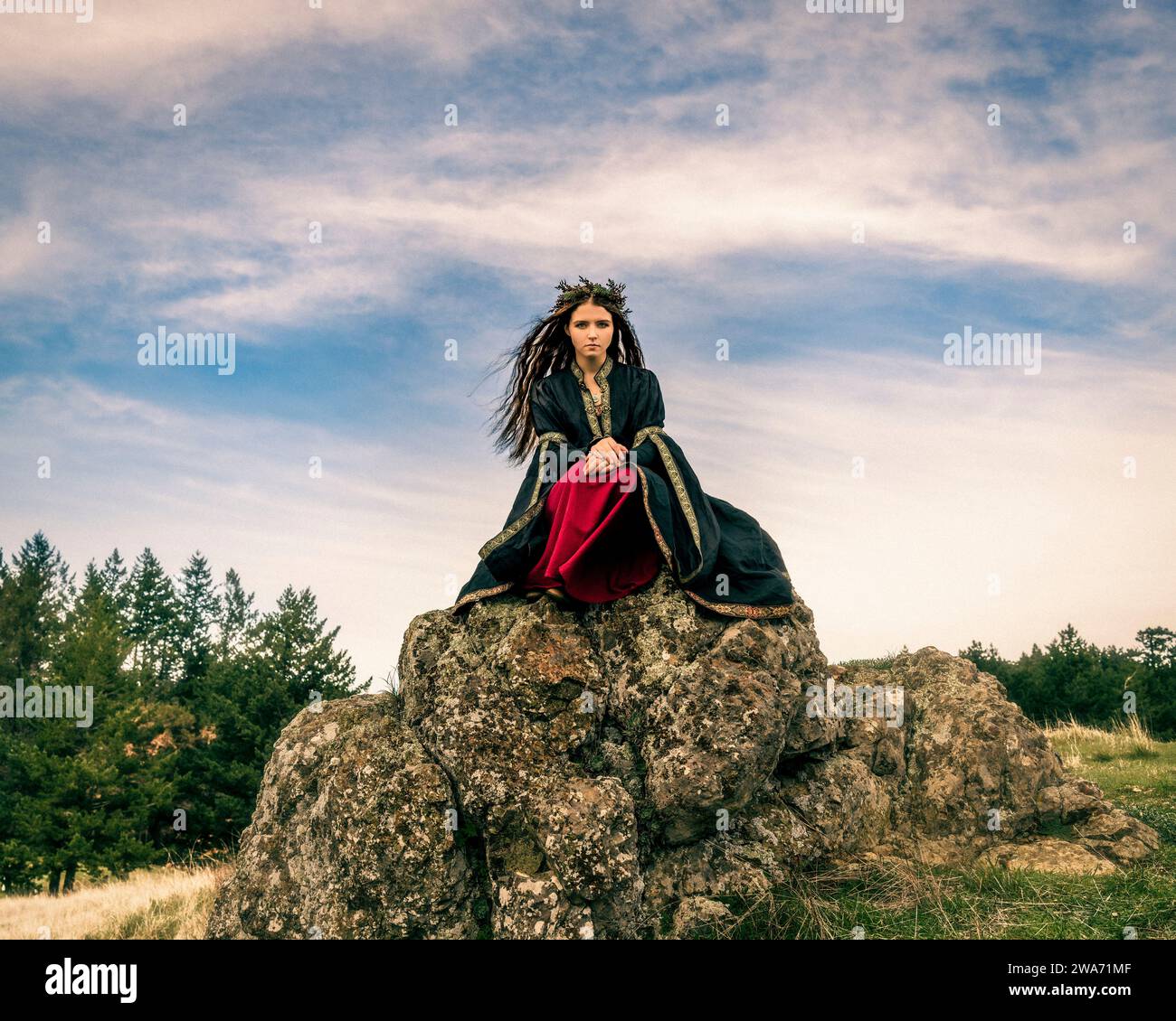 Young Female Pagan Witch in Winter Pine Floral Crown Mountain Peak ...