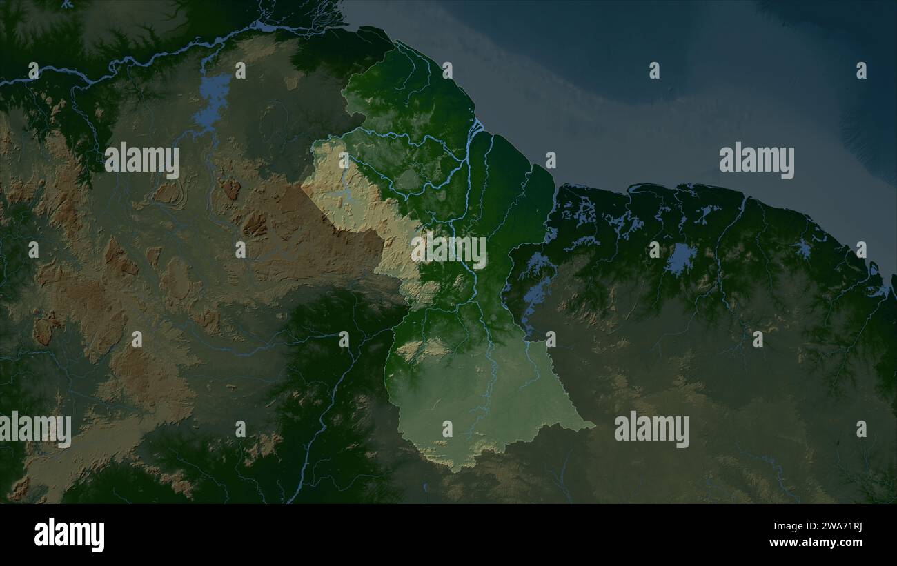 Guyana highlighted on a Colored elevation map with lakes and rivers ...