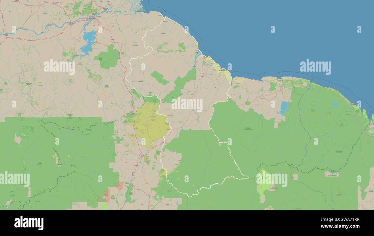 Guyana outlined on a topographic, OSM Germany style map Stock Photo - Alamy