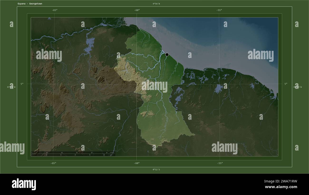 Guyana highlighted on a Pale colored elevation map with lakes and rivers map with the country's ...