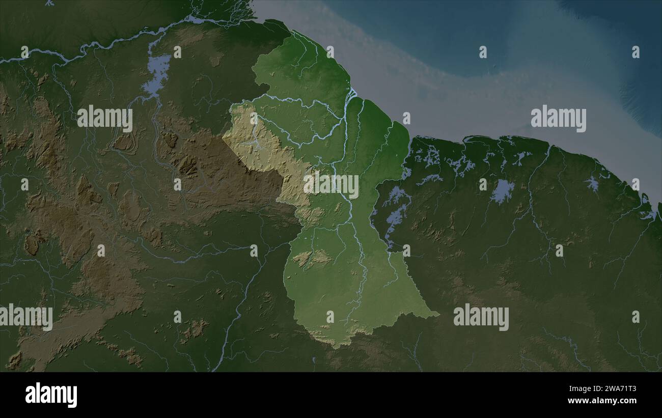 Guyana highlighted on a Pale colored elevation map with lakes and ...