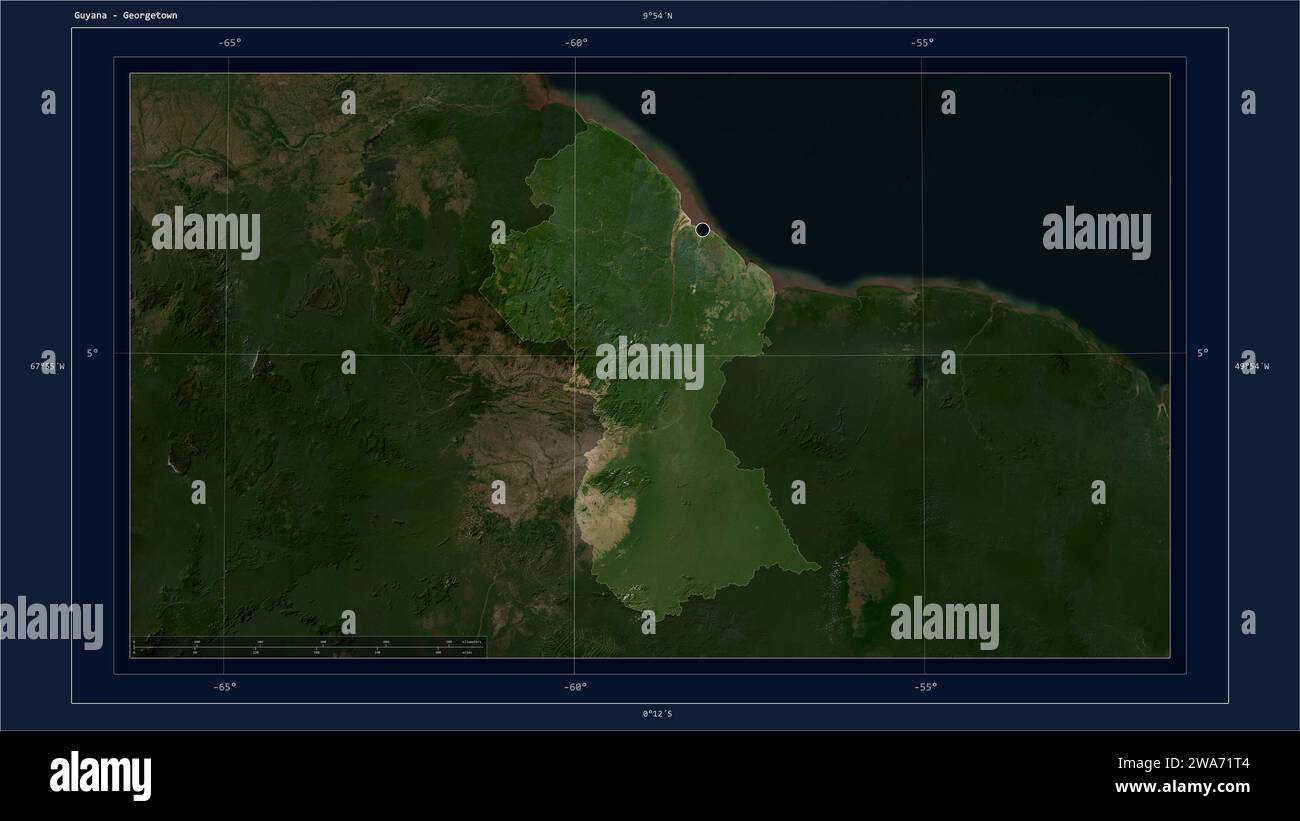 Guyana highlighted on a low resolution satellite map map with the country's capital point ...