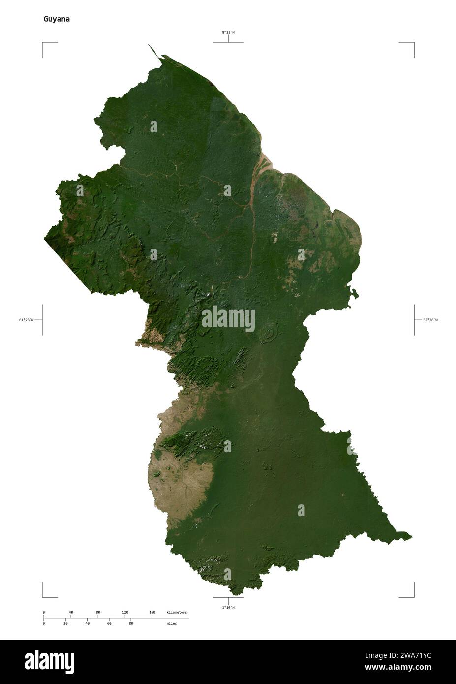 Shape of a low resolution satellite map of the Guyana, with distance scale and map border ...