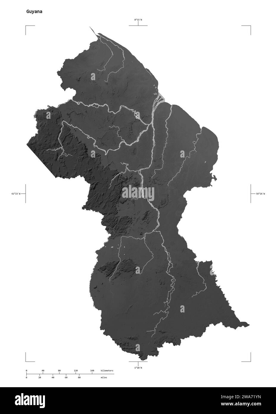 Shape of a Grayscale elevation map with lakes and rivers of the Guyana ...