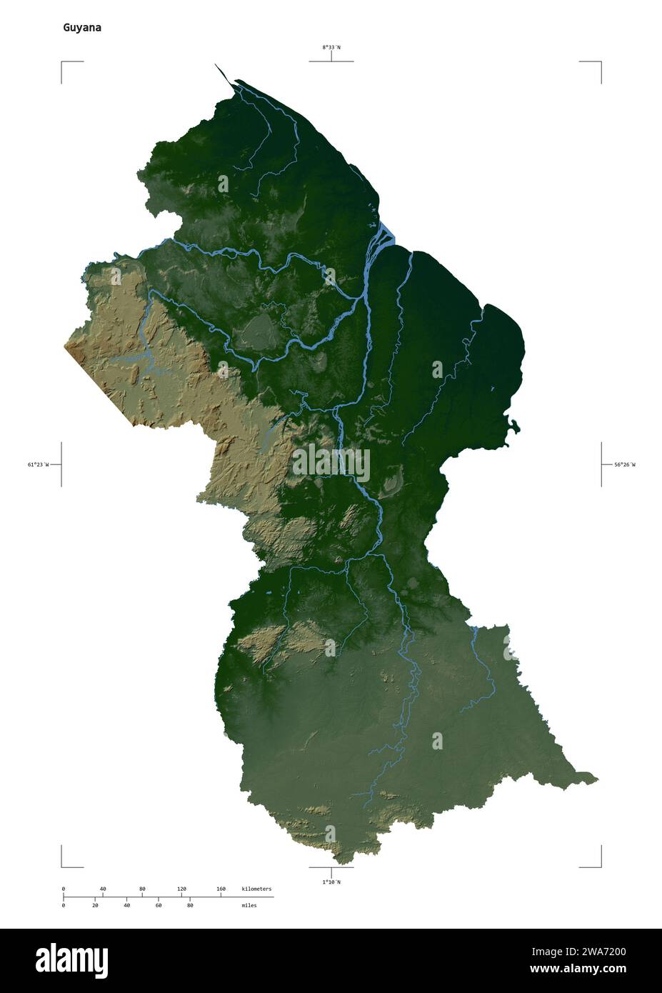 Shape of a Colored elevation map with lakes and rivers of the Guyana, with distance scale and ...