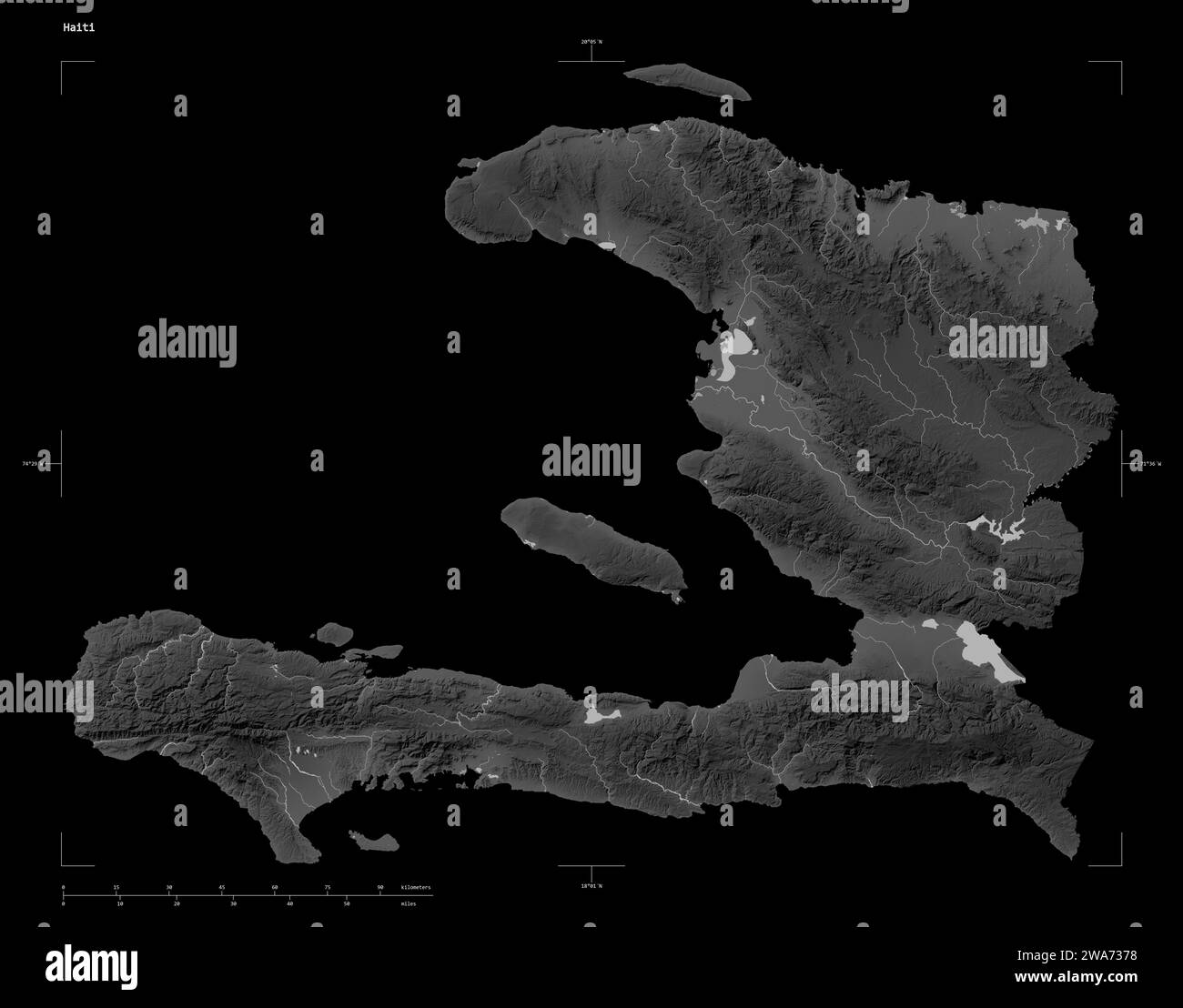 Shape of a Grayscale elevation map with lakes and rivers of the Haiti, with distance scale and ...