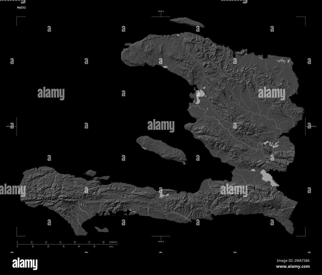 Shape of a Bilevel elevation map with lakes and rivers of the Haiti, with distance scale and map ...