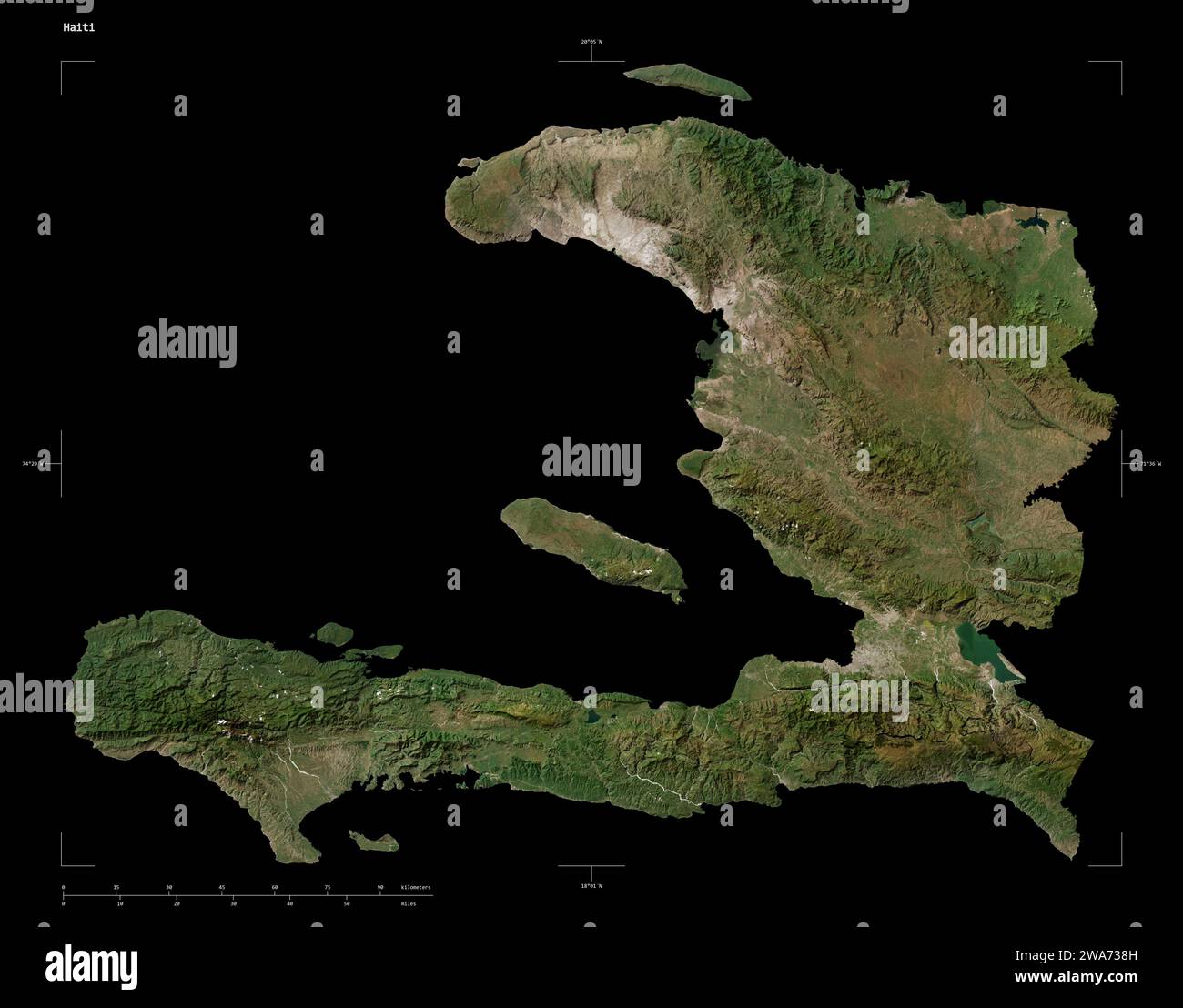Shape of a low resolution satellite map of the Haiti, with distance ...