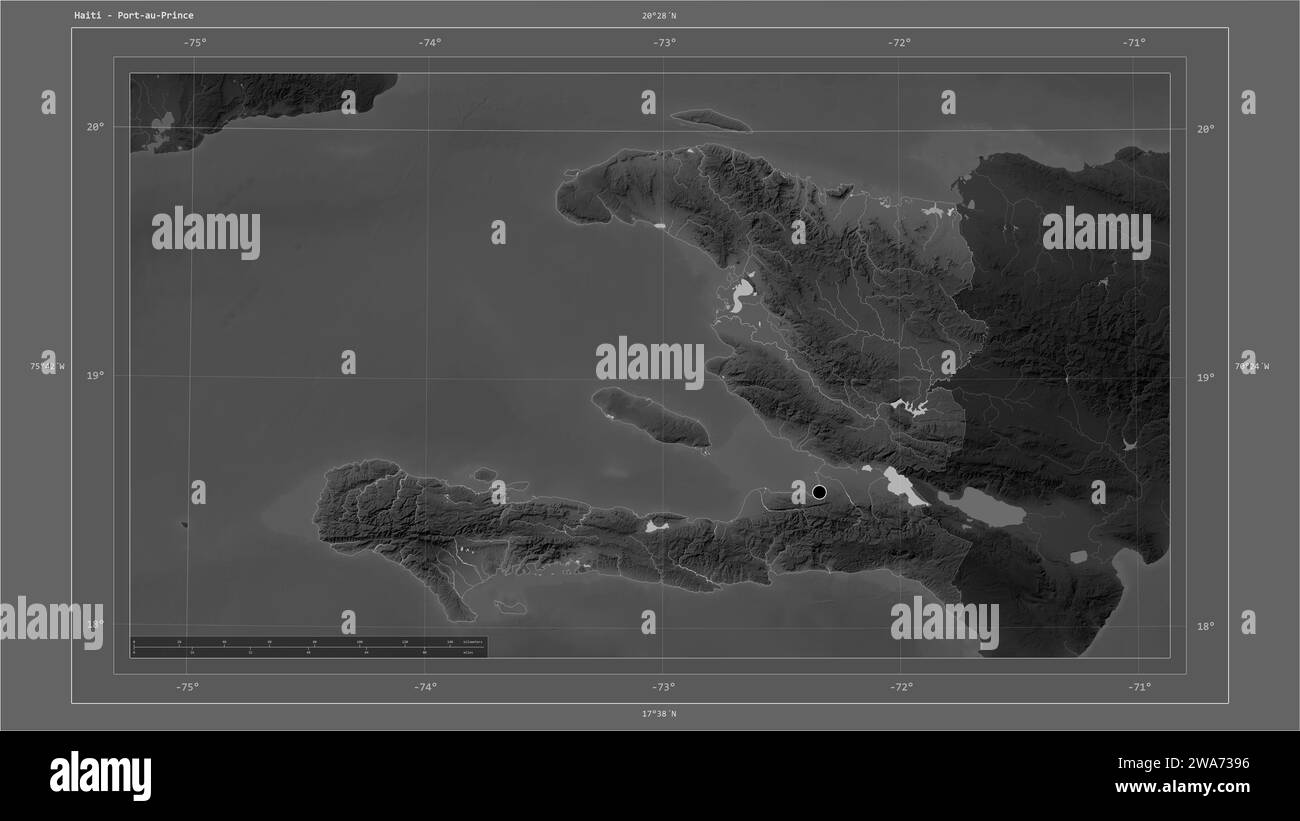Haiti highlighted on a Grayscale elevation map with lakes and rivers map with the country's ...