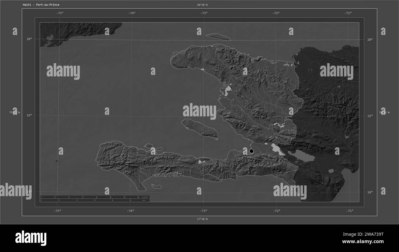 Haiti highlighted on a Bilevel elevation map with lakes and rivers map with the country's ...