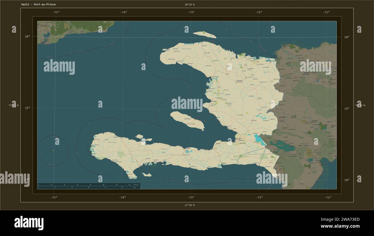 Haiti highlighted on a topographic, OSM Humanitarian style map map with ...