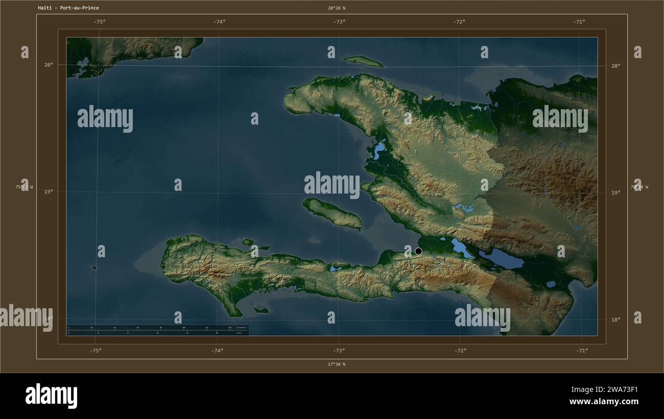 Haiti highlighted on a Colored elevation map with lakes and rivers map with the country's ...
