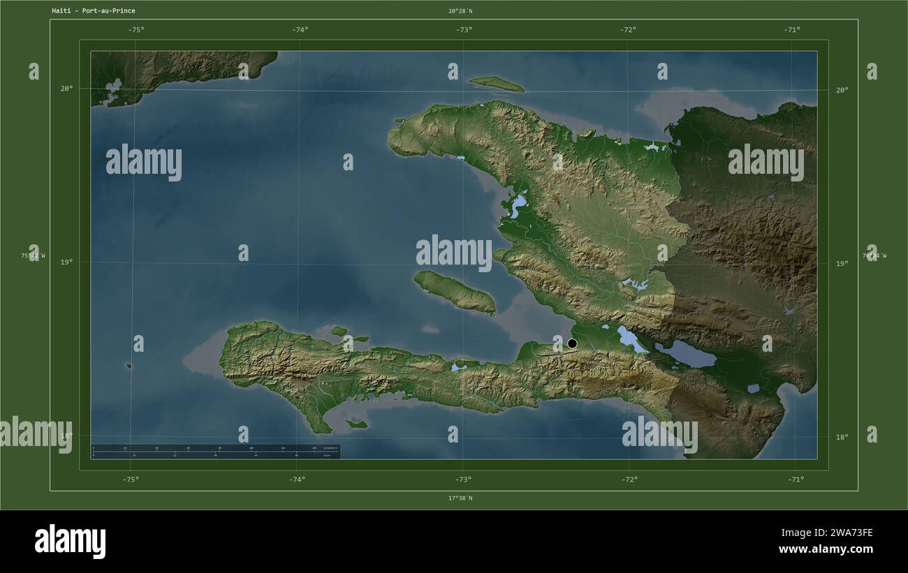 Haiti highlighted on a Pale colored elevation map with lakes and rivers map with the country's ...