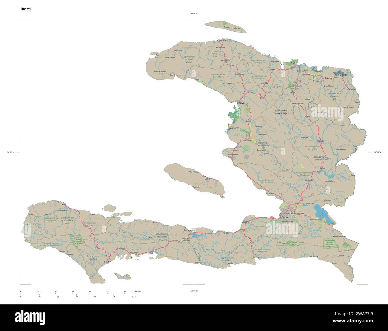 Shape of a topographic, OSM Germany style map of the Haiti, with ...