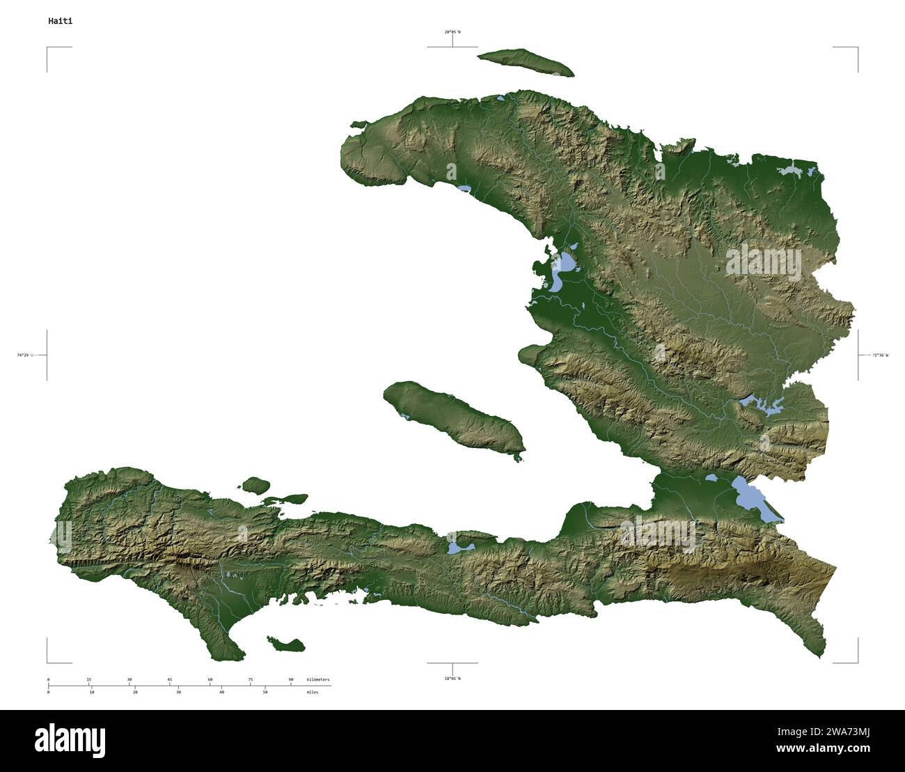 Shape of a Pale colored elevation map with lakes and rivers of the Haiti, with distance scale ...