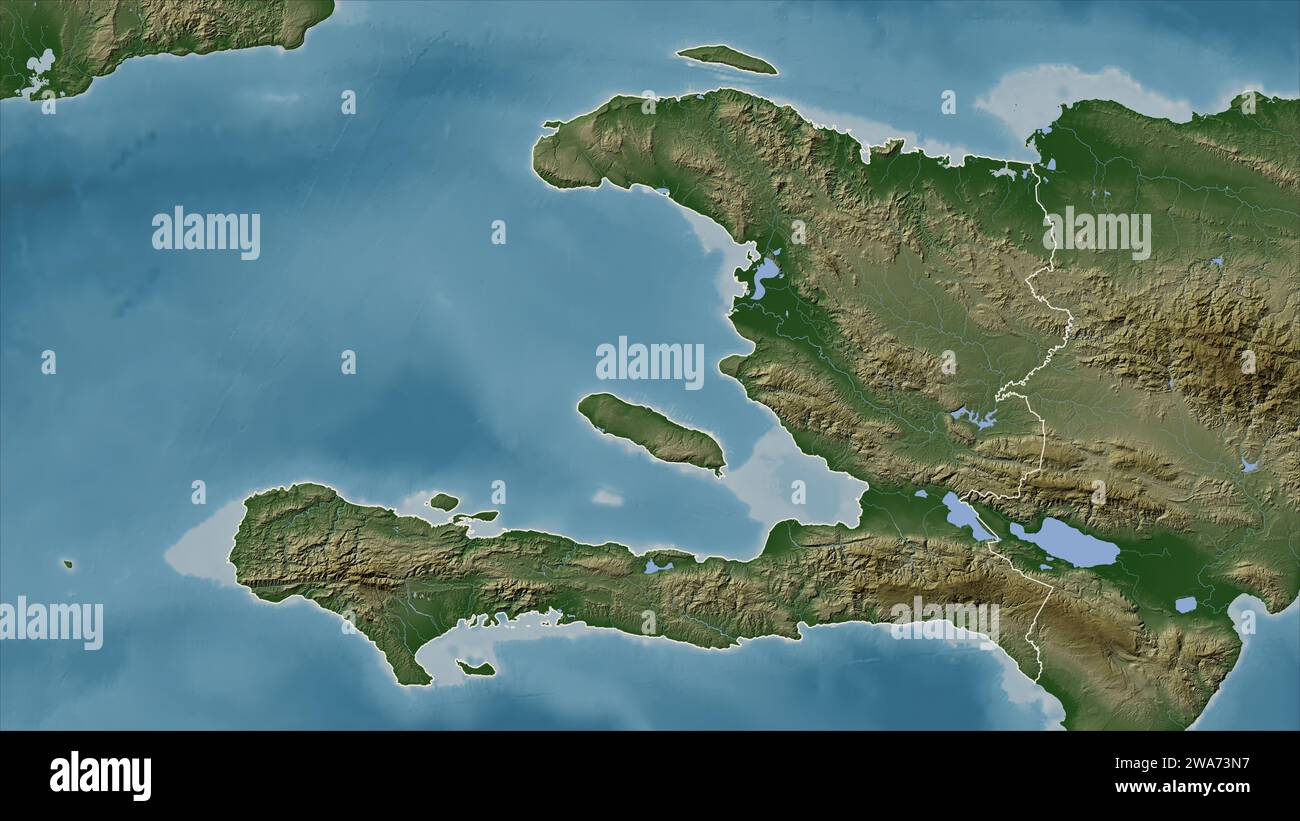 Haiti outlined on a Pale colored elevation map with lakes and rivers ...