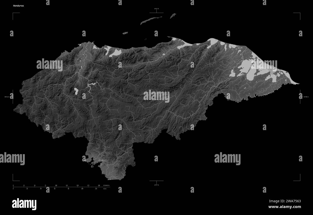 Shape of a Grayscale elevation map with lakes and rivers of the Honduras, with distance scale ...