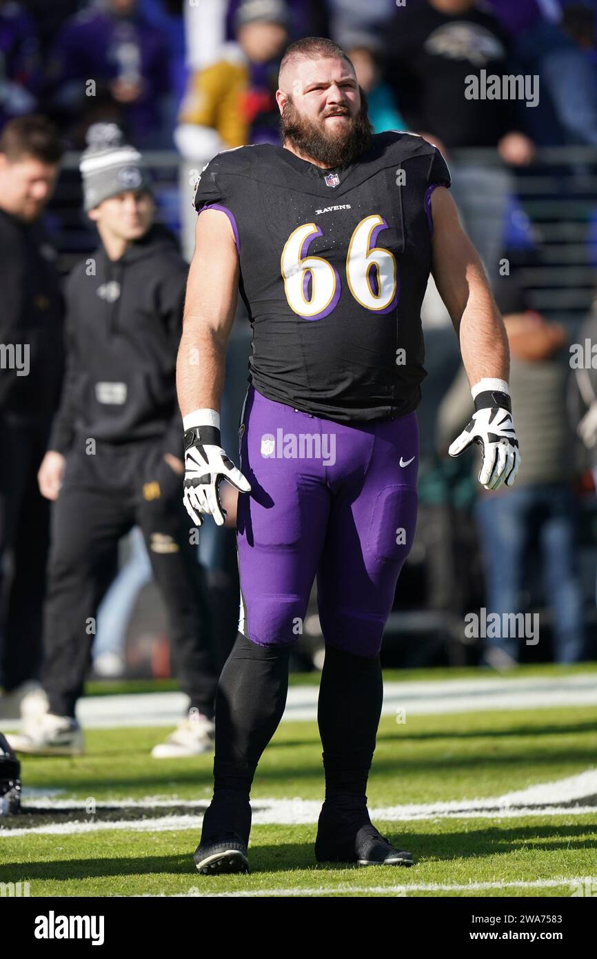 Baltimore Ravens guard Ben Cleveland (66) during an NFL football game against the Miami Dolphins ...