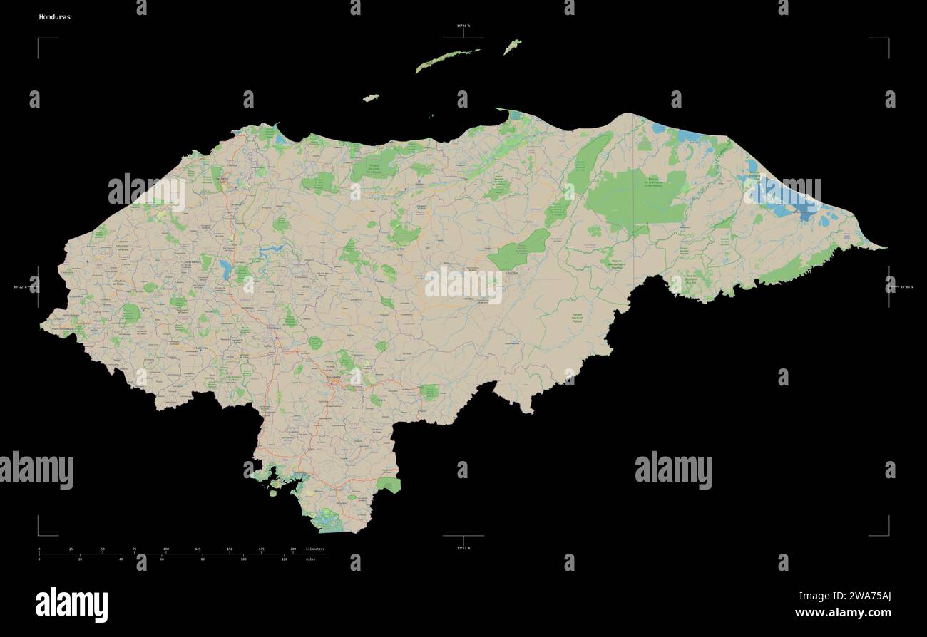 Shape of a topographic, OSM standard style map of the Honduras, with distance scale and map ...