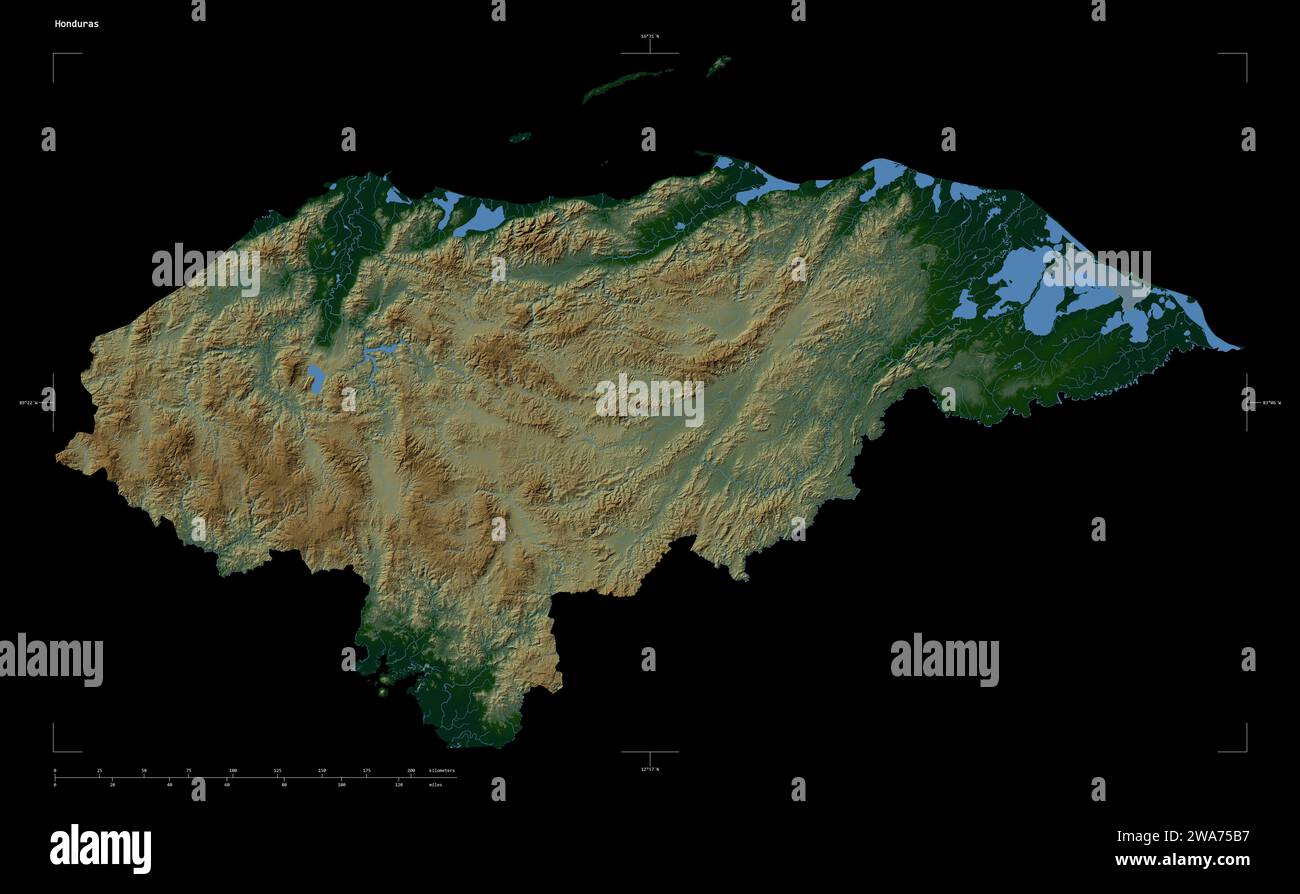 Shape of a Colored elevation map with lakes and rivers of the Honduras, with distance scale and ...