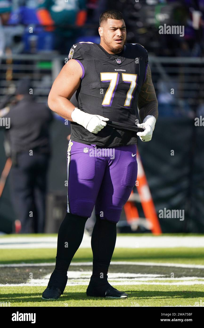 Baltimore Ravens offensive tackle Daniel Faalele (77) during an NFL ...
