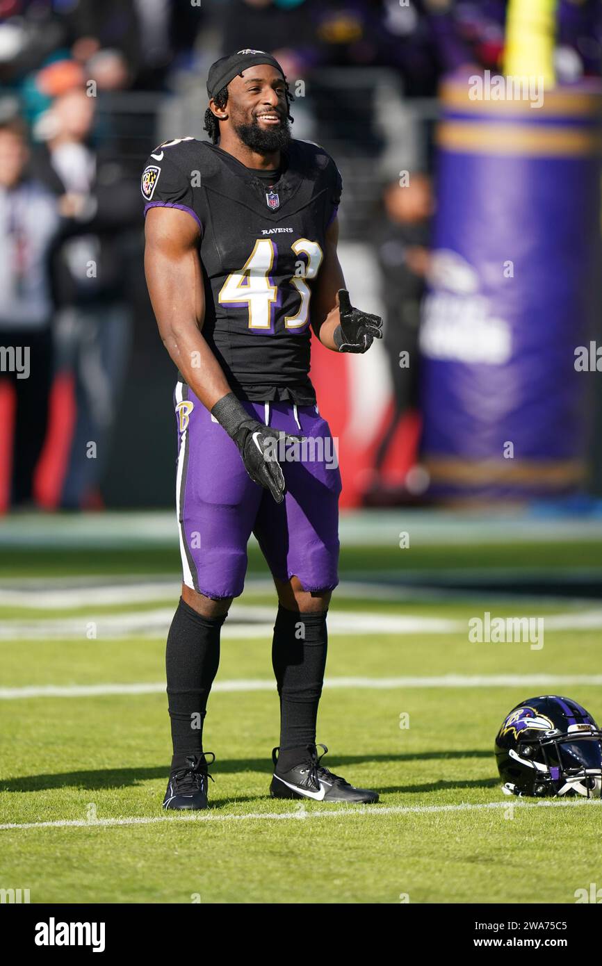 Baltimore Ravens running back Justice Hill (43) during an NFL football ...