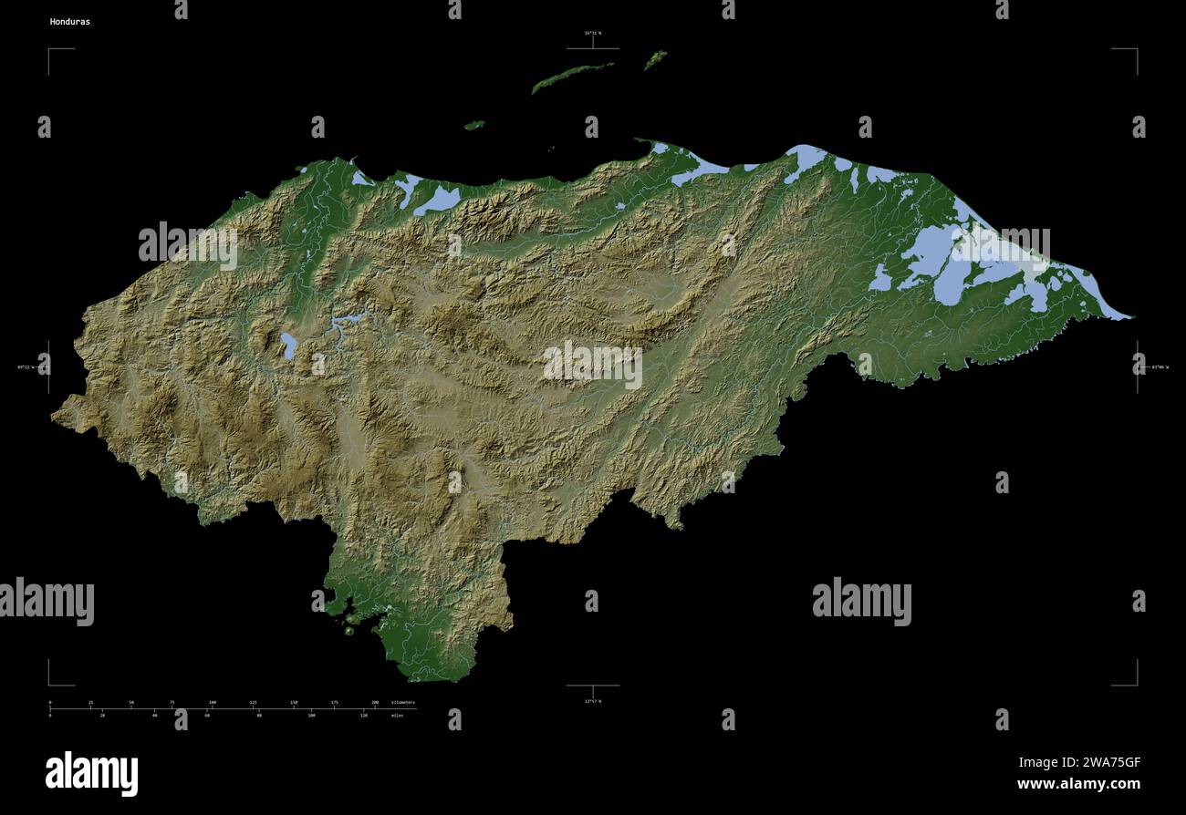 Shape of a Pale colored elevation map with lakes and rivers of the Honduras, with distance scale ...