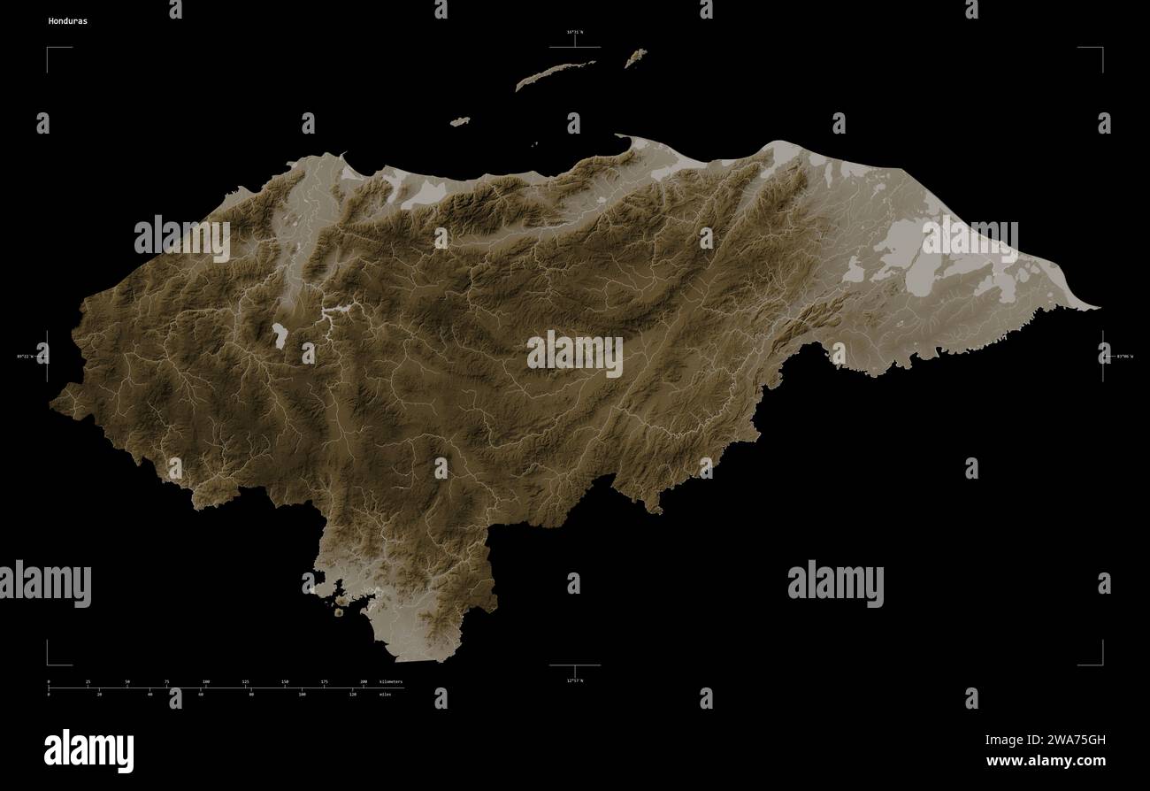 Shape of a elevation map colored in sepia tones with lakes and rivers of the Honduras, with ...