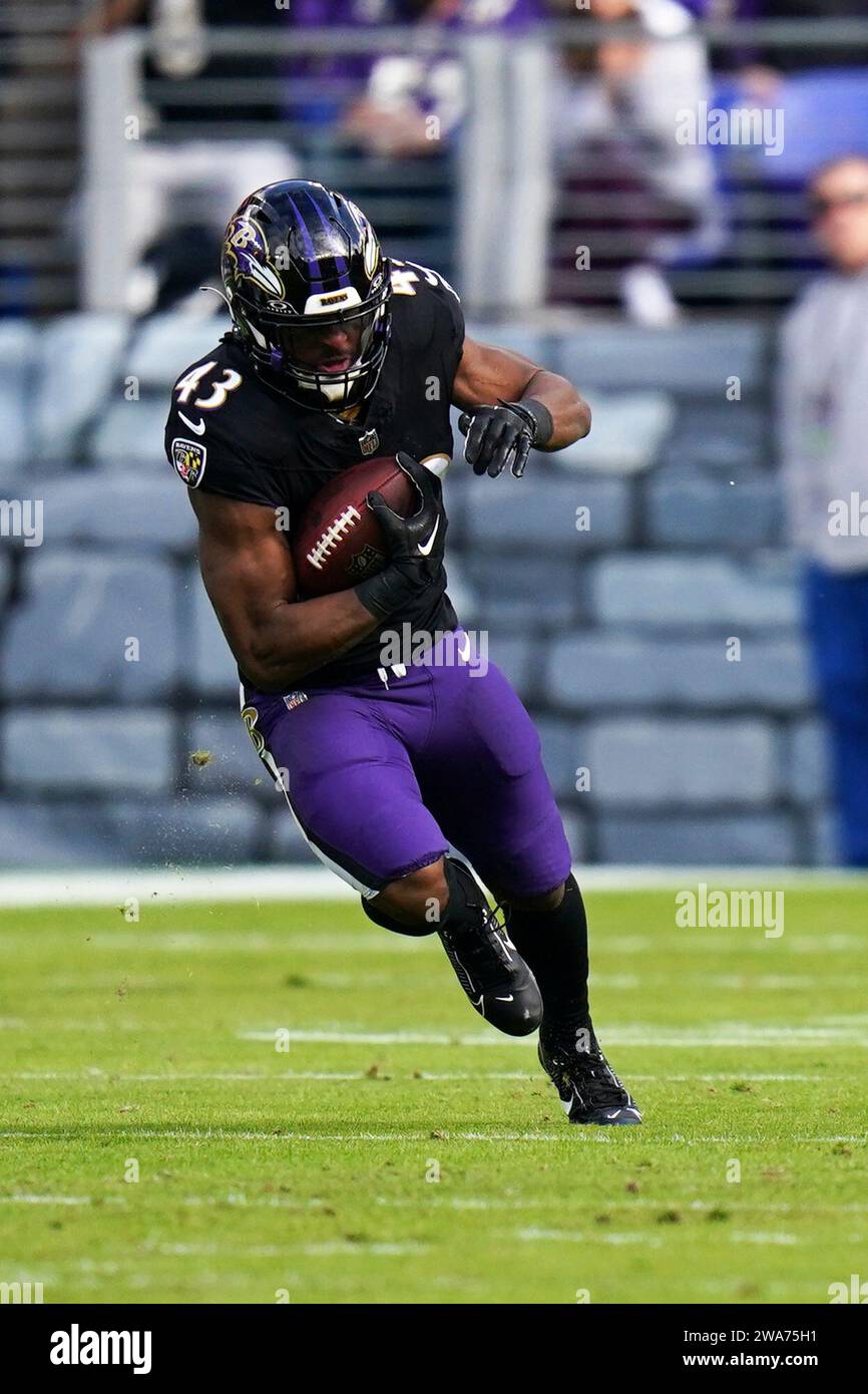 Baltimore Ravens running back Justice Hill (43) during an NFL football ...