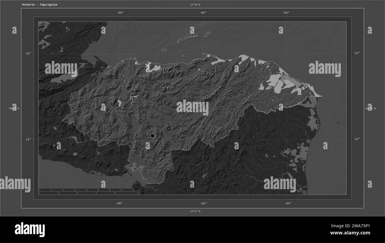Honduras highlighted on a Bilevel elevation map with lakes and rivers ...