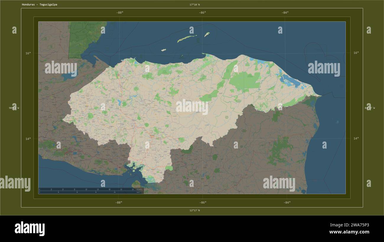 Honduras highlighted on a topographic, OSM standard style map map with ...