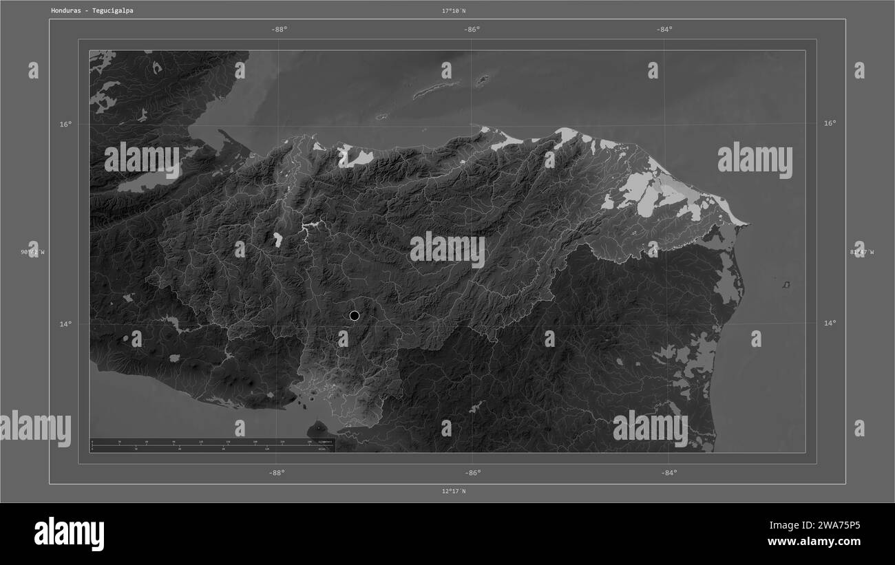 Honduras highlighted on a Grayscale elevation map with lakes and rivers map with the country's ...