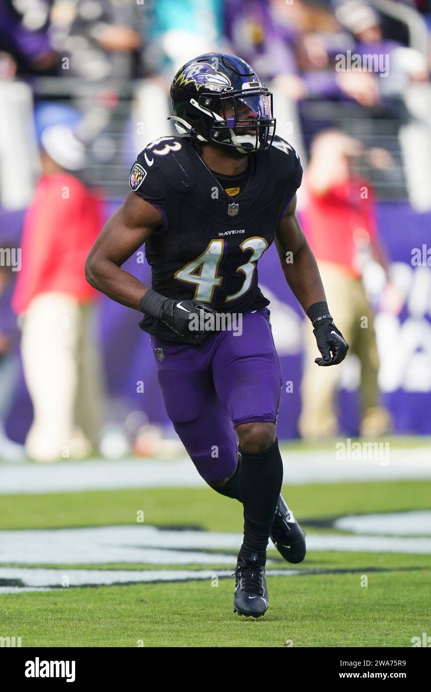 Baltimore Ravens running back Justice Hill (43) during an NFL football ...