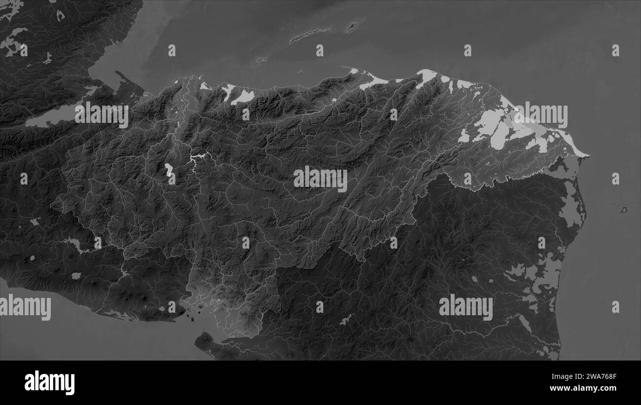 Honduras highlighted on a Grayscale elevation map with lakes and rivers Stock Photo - Alamy