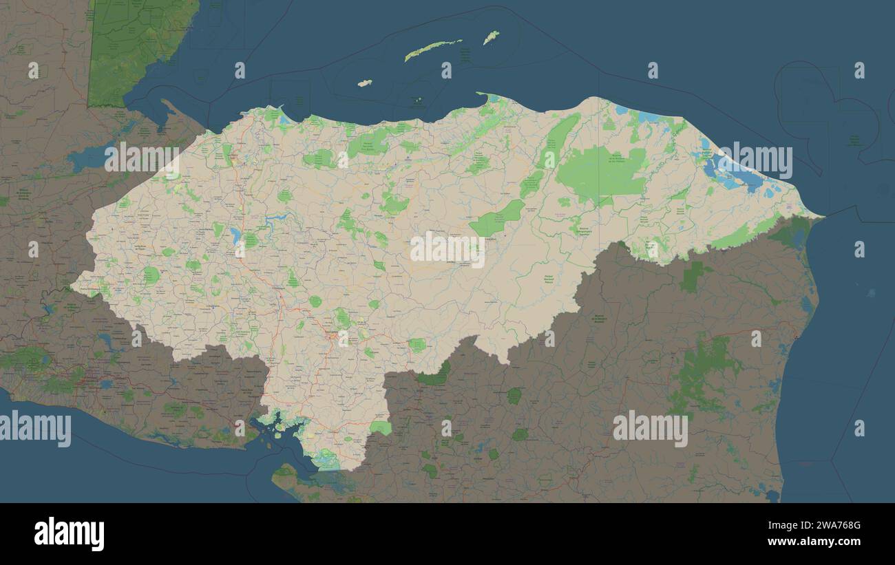 Honduras highlighted on a topographic, OSM standard style map Stock ...