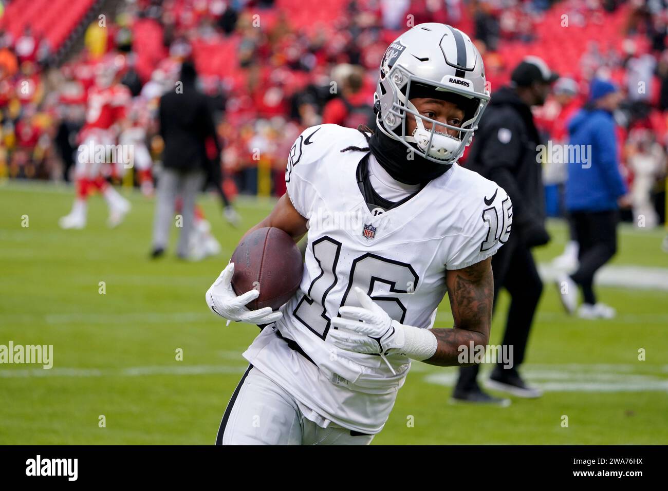 Las Vegas Raiders wide receiver Jakobi Meyers (16) warms up prior to a game against the Kansas ...