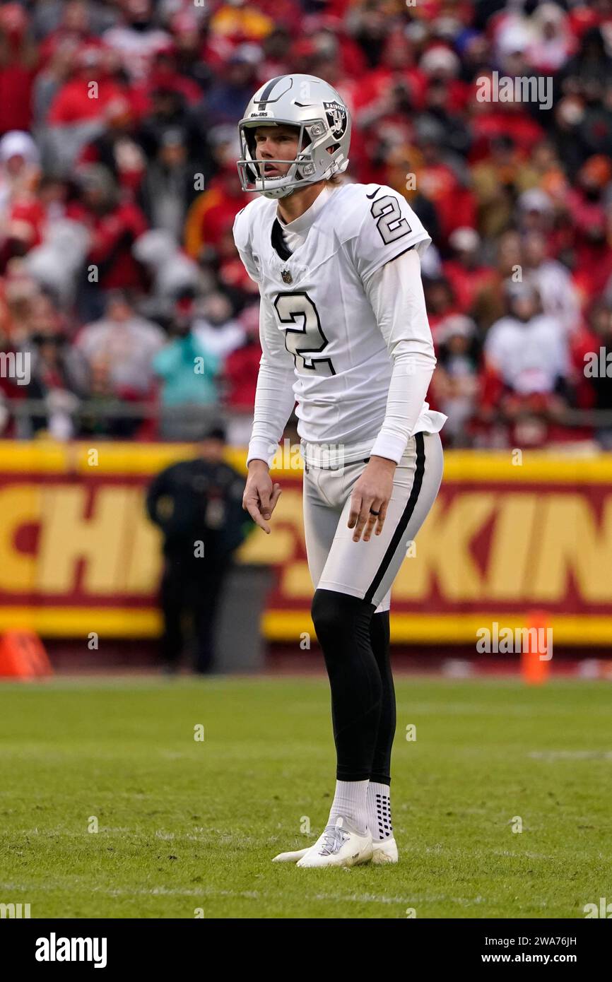 Las Vegas Raiders place kicker Daniel Carlson prepares to kick a field ...