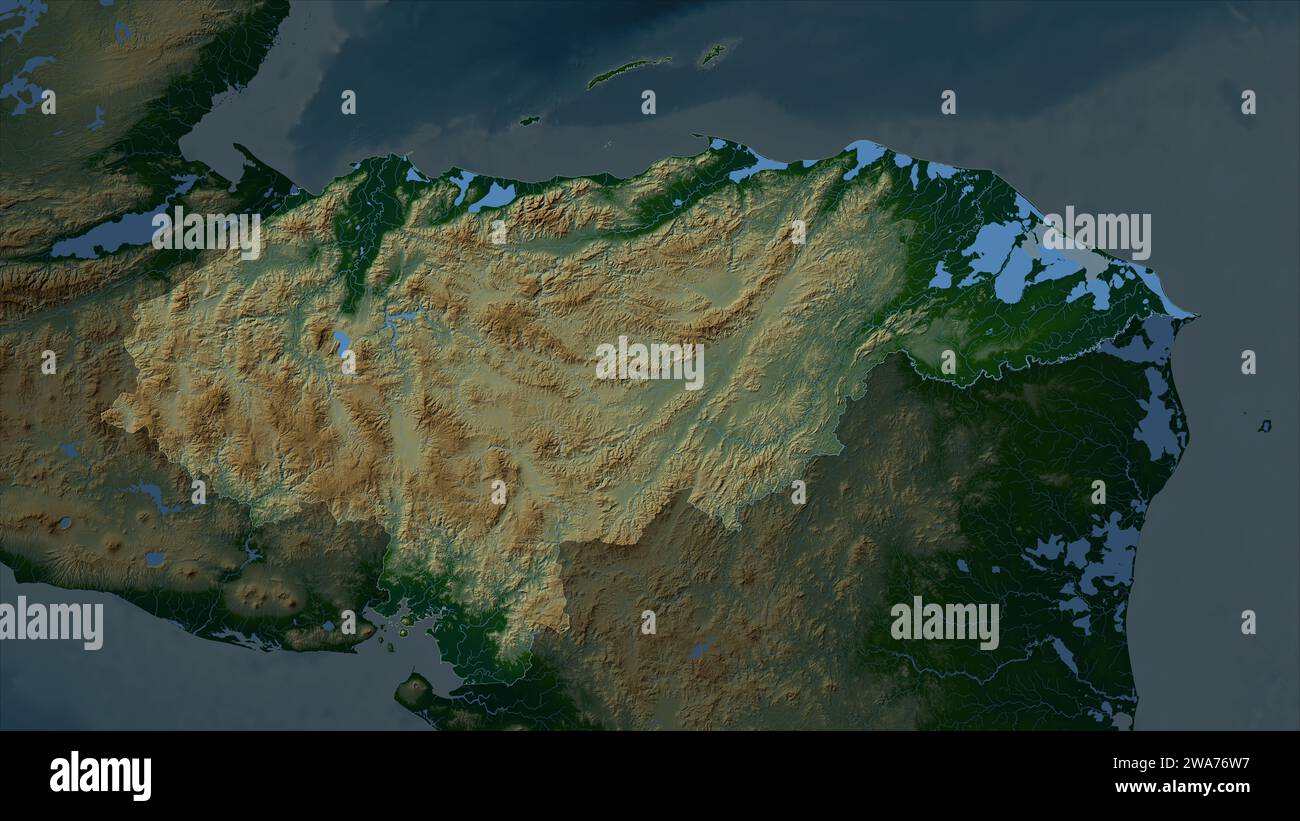Honduras highlighted on a Colored elevation map with lakes and rivers Stock Photo - Alamy