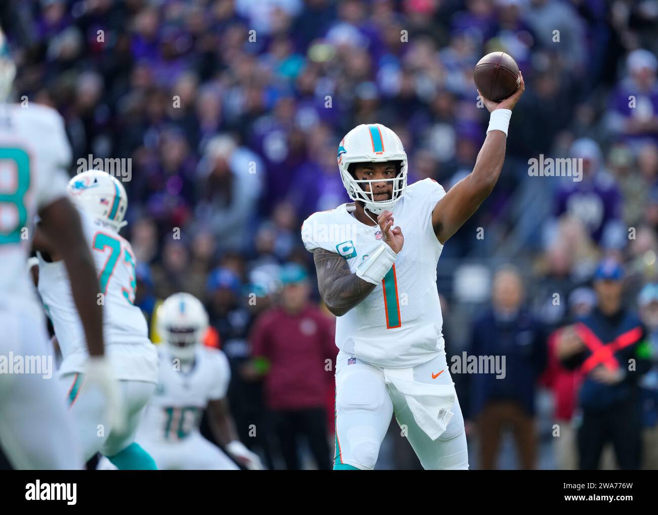 Miami Dolphins quarterback Tua Tagovailoa during an NFL football game ...