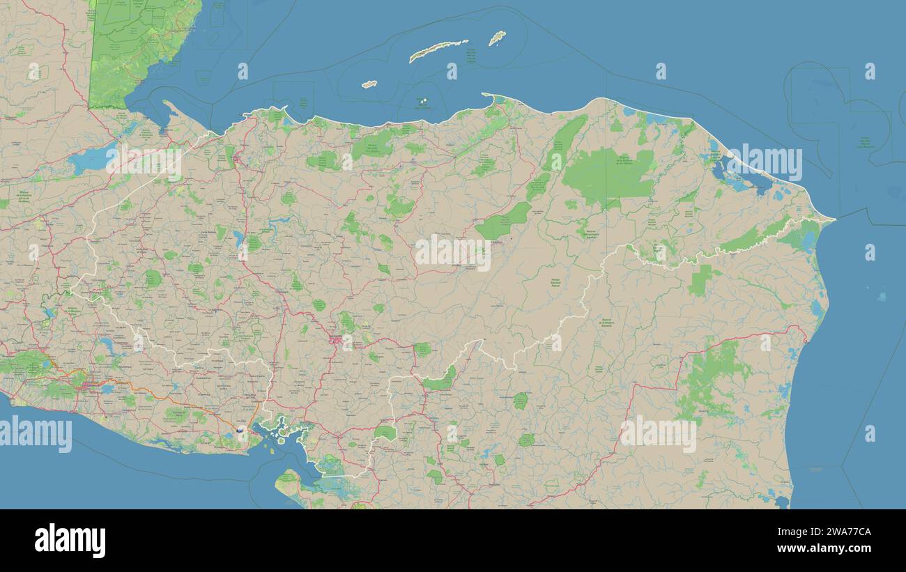 Honduras outlined on a topographic, OSM Germany style map Stock Photo - Alamy