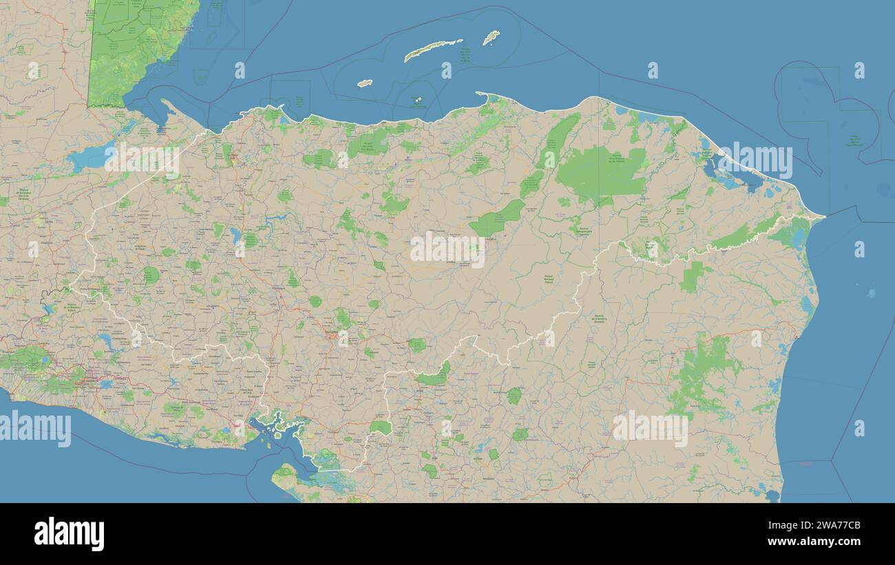 Honduras outlined on a topographic, OSM standard style map Stock Photo - Alamy