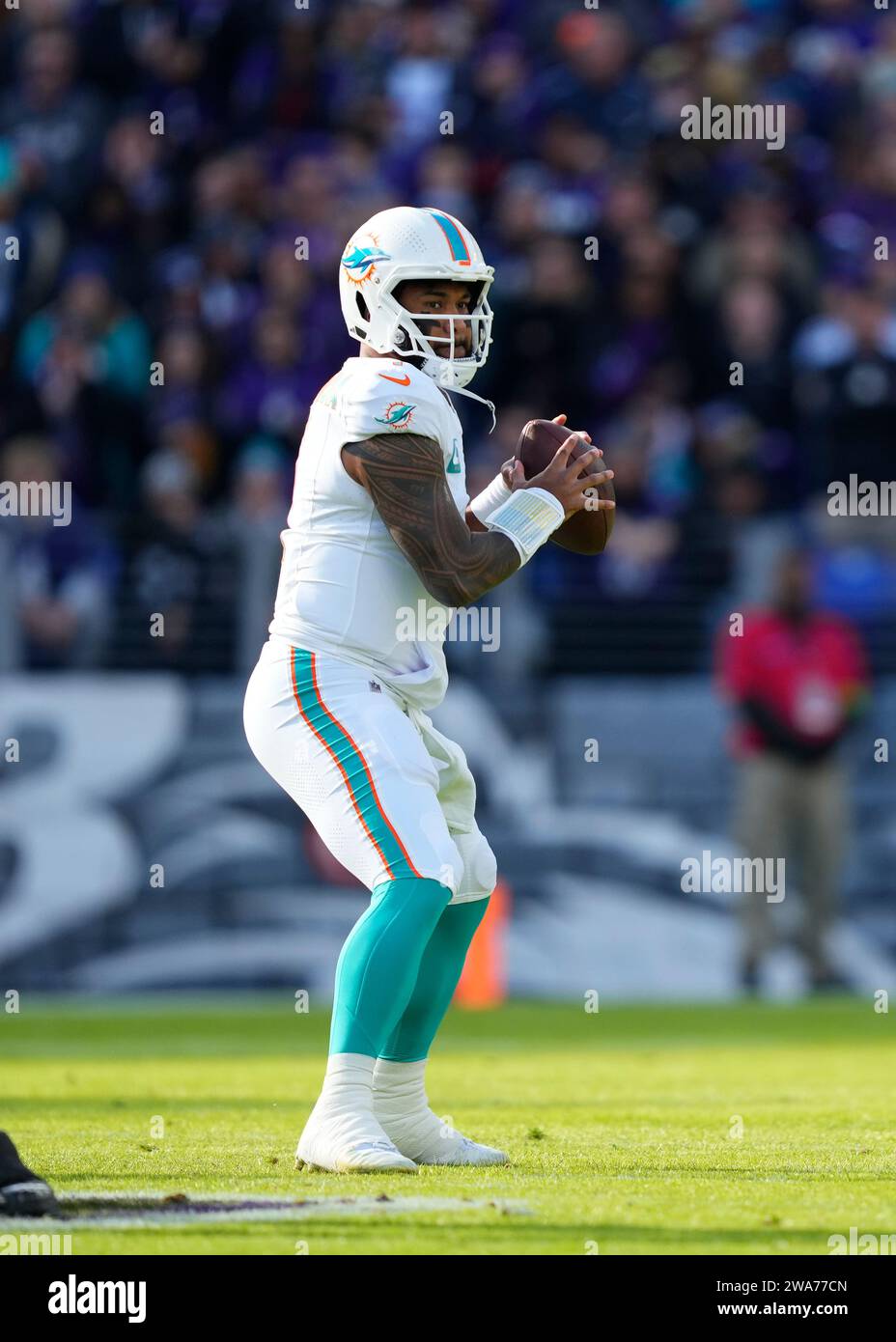 Miami Dolphins quarterback Tua Tagovailoa during an NFL football game ...