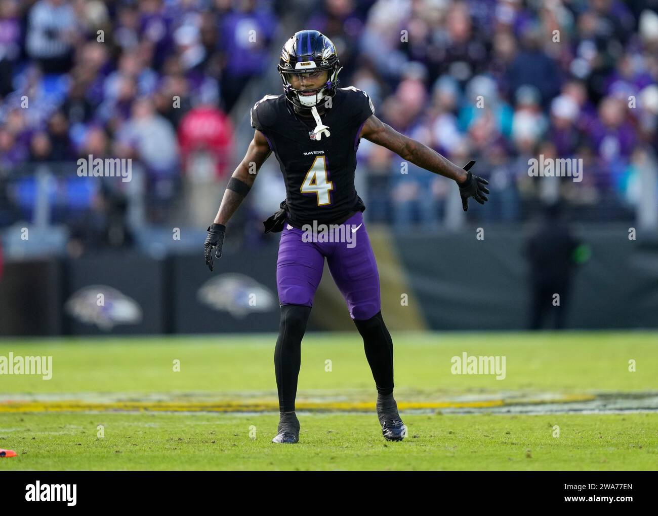 Baltimore Ravens' Zay Flowers in action during an NFL football game, Sunday, Dec. 31, 2023, in ...
