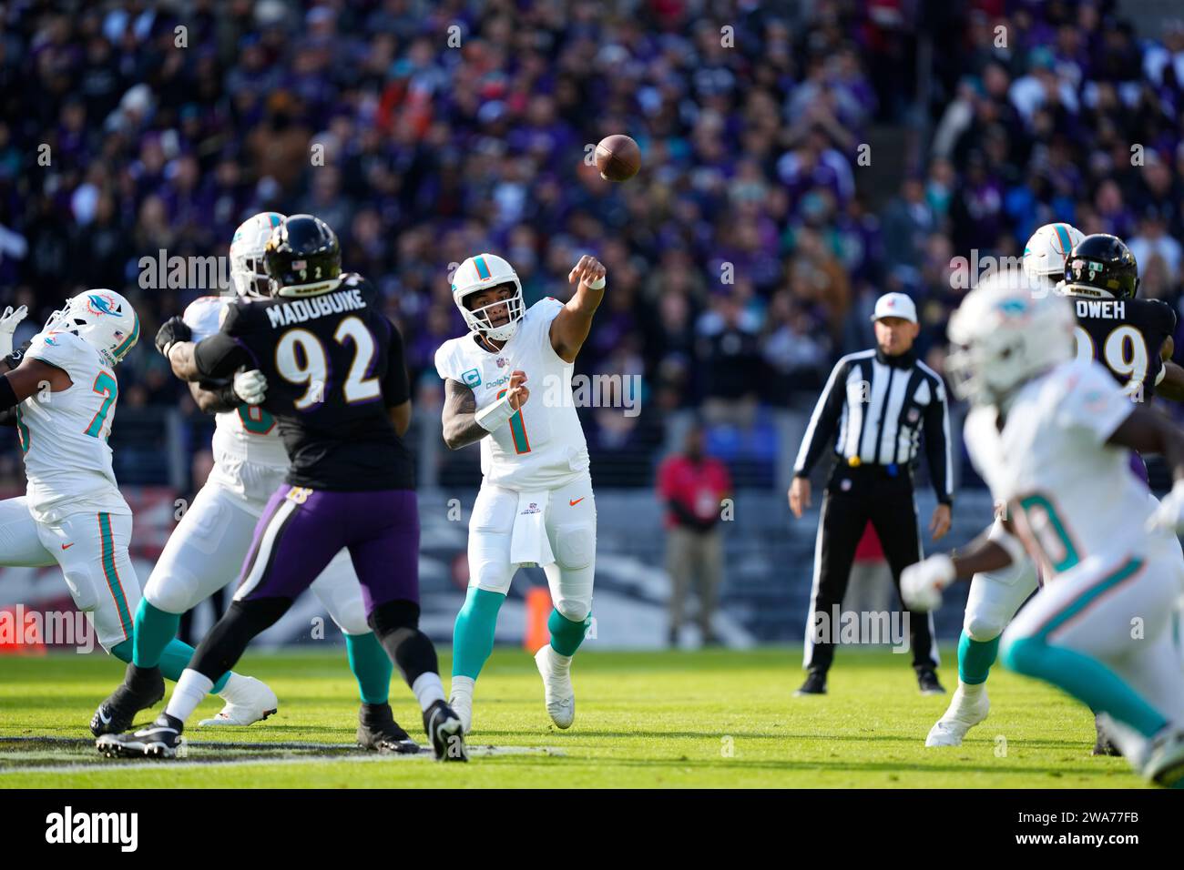 Miami Dolphins quarterback Tua Tagovailoa during an NFL football game ...