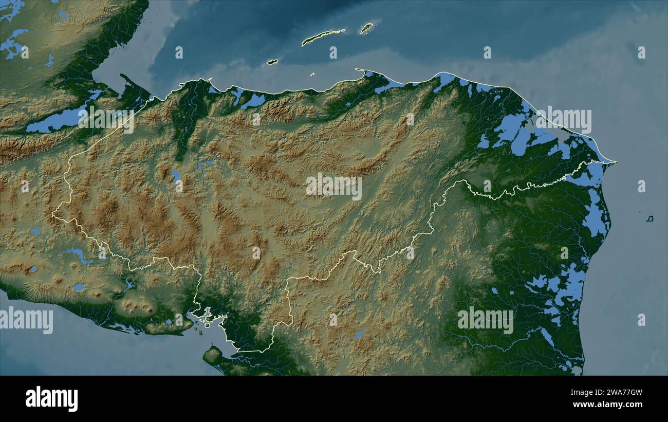 Honduras outlined on a Colored elevation map with lakes and rivers Stock Photo - Alamy