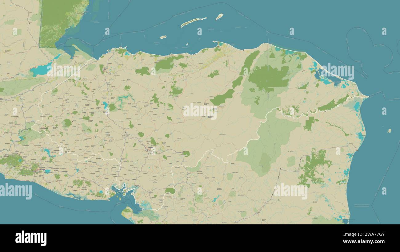 Honduras outlined on a topographic, OSM Humanitarian style map Stock ...