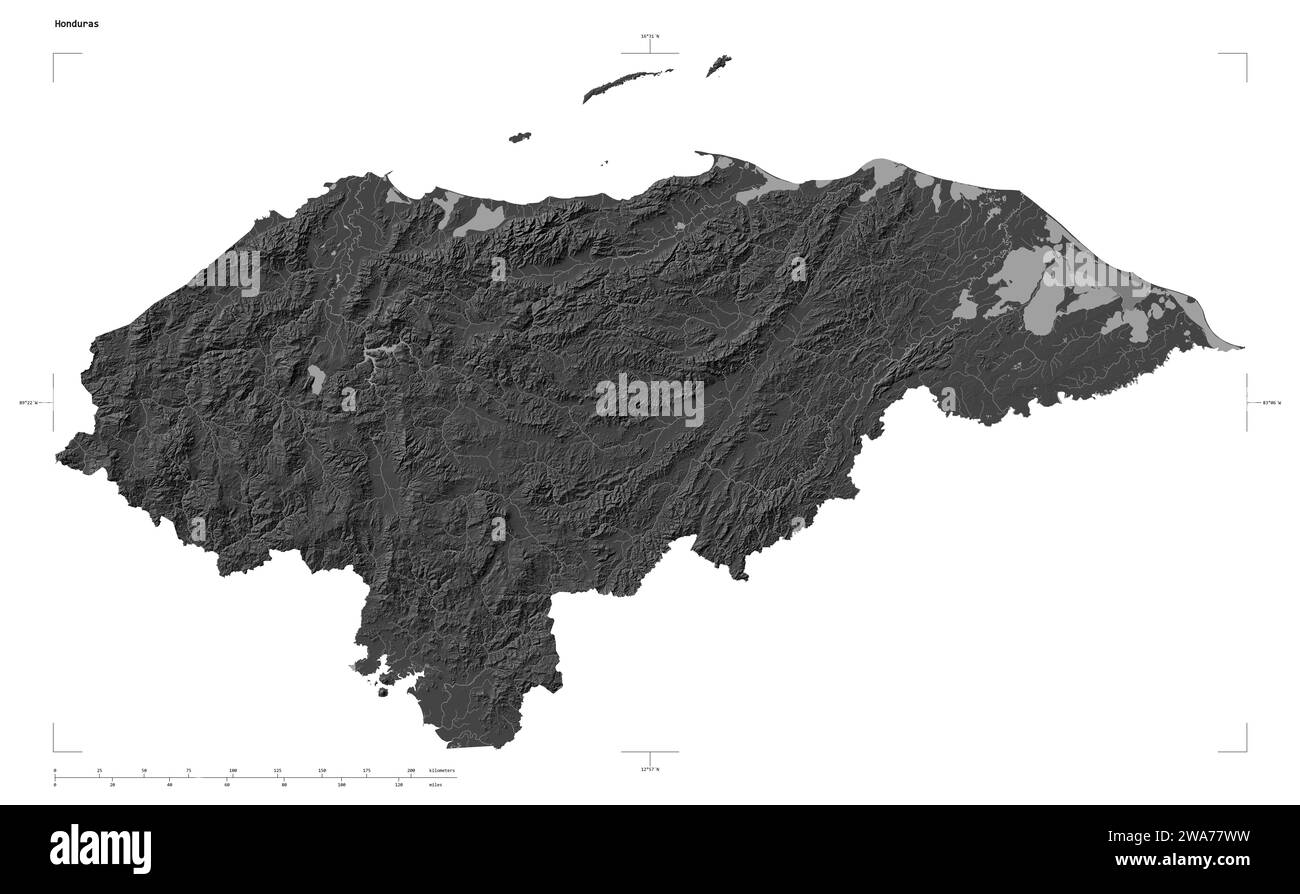 Shape of a Bilevel elevation map with lakes and rivers of the Honduras, with distance scale and ...