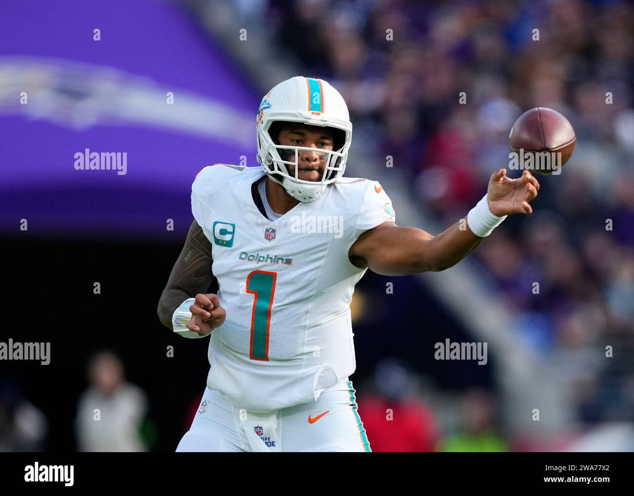 Miami Dolphins quarterback Tua Tagovailoa during an NFL football game ...